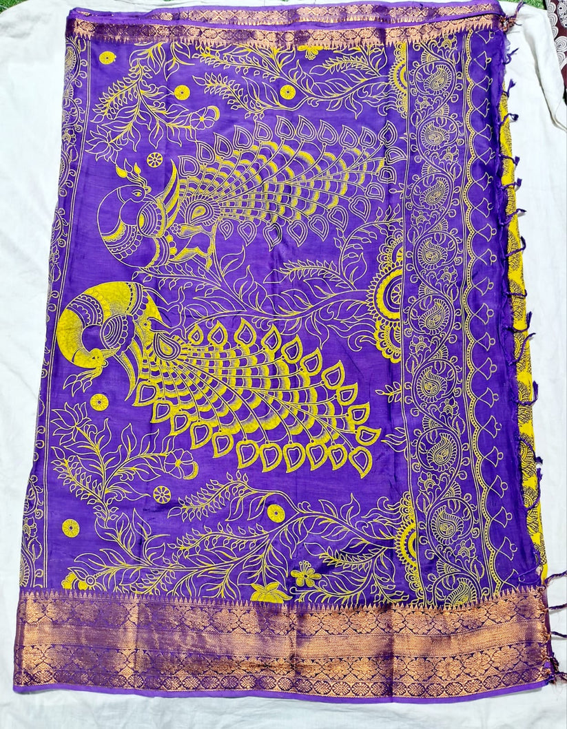 Chennuri Pure Silk Saree with Outline Kalamkari Design and Traditional ...