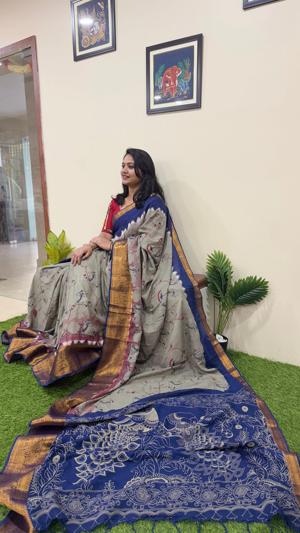 Exquisite Chennuri Pure Silk Saree with Kanchi Borders & Outline Kalam ...