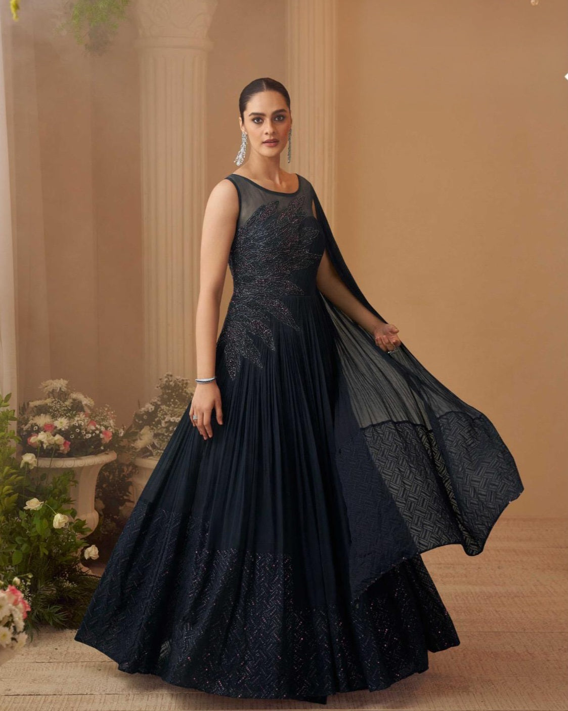 Navy blue real chinon hand-embroidered gown with cancan for wedding ...